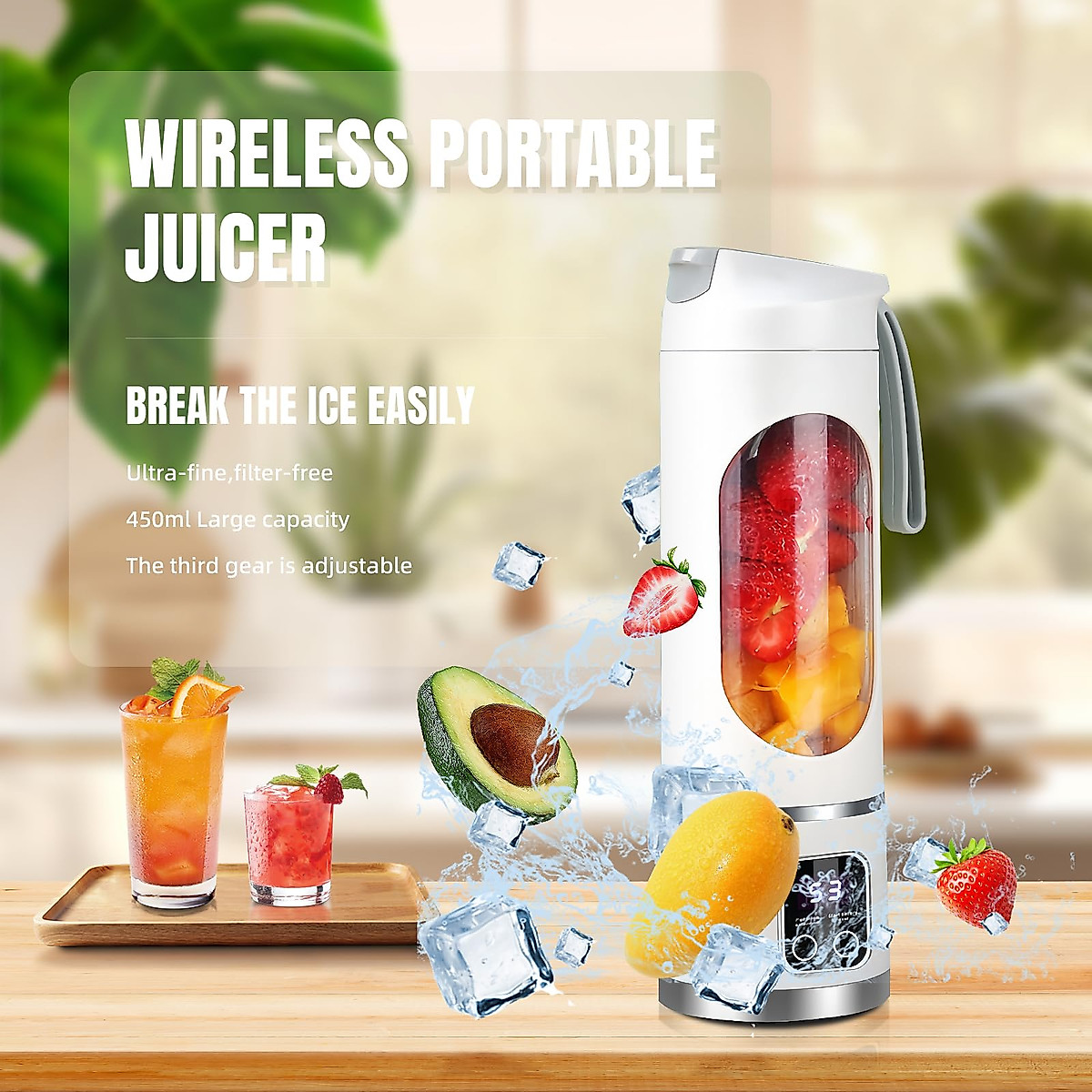 USB Rechargeable Portable Blender - 12-Blade Mini Ice Crusher with Digital Display, 3 Modes, Easy-to-Clean, 15.22oz Portable Mixing Cup, Perfect for Fresh Juice at Home or On-the-Go (white)