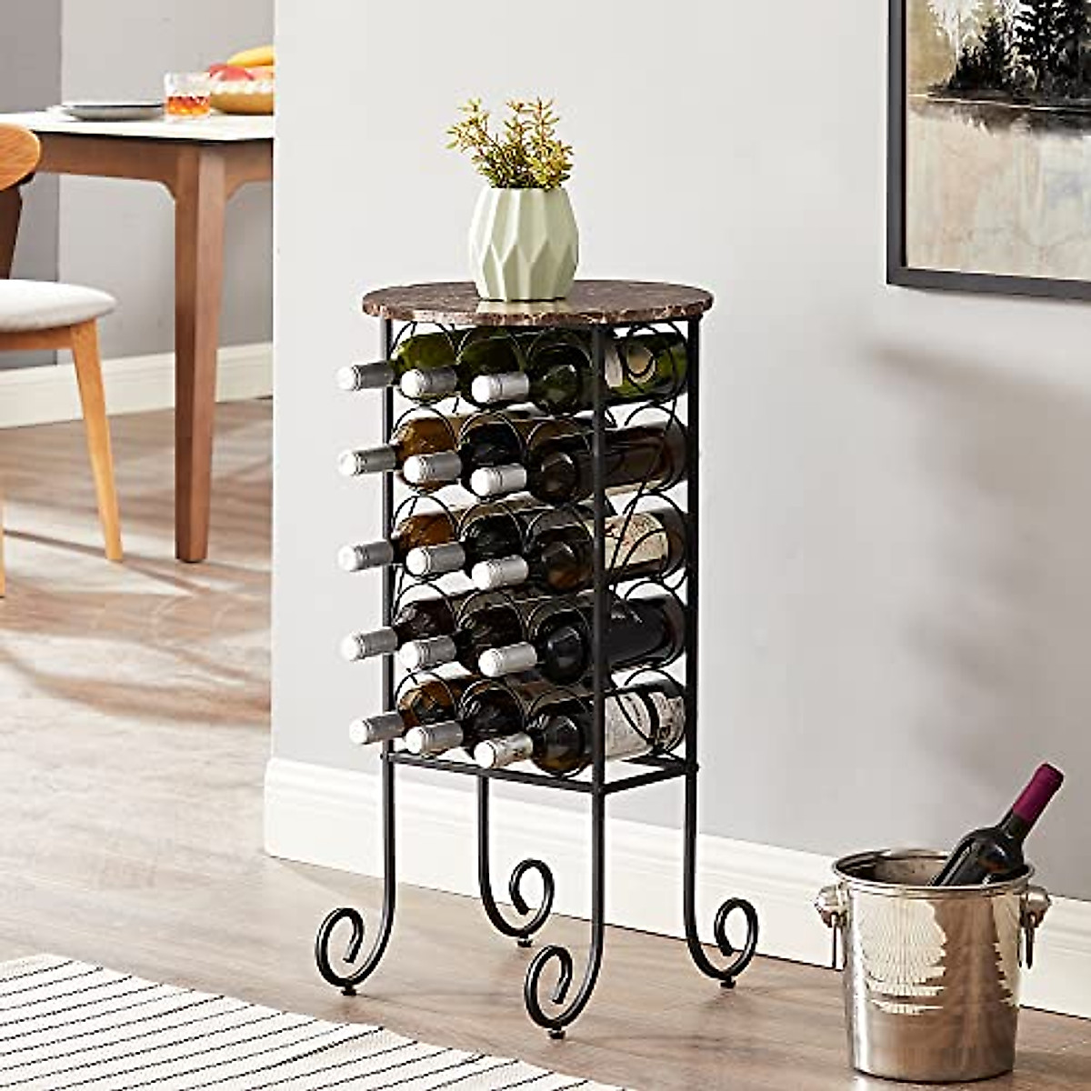 VECELO Metal Wine Rack Console Table, Freestanding Floor Bottles Organizer & Display Shelf with Faux Marble Finish Top, for Bar Kitchen Dining Living Room, Small Spaces, Holds 15, Black