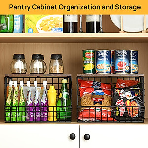 Wetheny 2pcs Fruit Basket Onion Storage Wire Basket with Wood Top- Wall Mounted & Stackable Kitchen Counter Organizer,Cabinet Organizer Bin for Potato,Produce,Bread,Snack Storage(Matte Black)