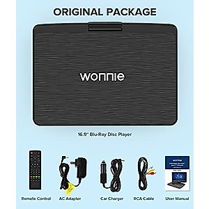 WONNIE 16.9" Portable Blu-Ray DVD Player with 14.1" 1080P Full HD Large Screen, Dolby Audio, 4 Hrs Rechargeable Battery, Support HDMI Out, AV in, USB/SD Card, Last Memory