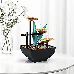 Desktop Waterfall Function,Indoor 3-Tier Gold Lotus Leaf Shaped Tabletop Fountain, with Natural River Rock,Adjustable Automatic Pump
