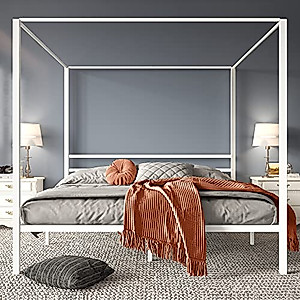 YITAHOME Metal Four Poster Canopy Bed Frame 14 Inch Platform with Built-in Headboard Strong Metal Slat Mattress Support, No Box Spring Needed, White, King Size
