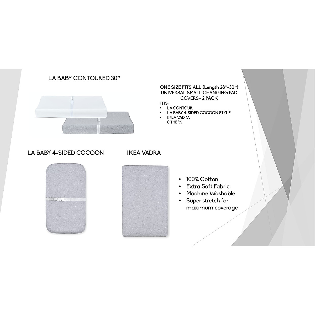 Small Changing Pads Covers for Convertible Crib & Changing Combo - 2 Pack | Fits 28" - 30" | Universal Fit | 100% Cotton | Fits LA Contour, LA Cocoon Style, IKEA Vadra, Others