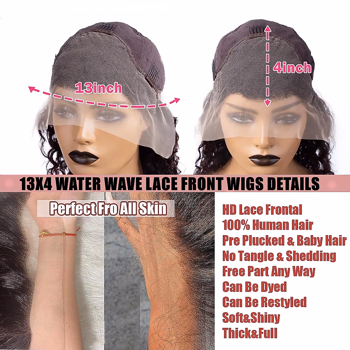 Water Wave Lace Front Wigs Human Hair 180% Density 13x4 HD Lace Frontal Wigs Human Hair Wet and Wavy Glueless Wigs for Women Deep Curly Human Hair Lace Front Wigs Pre Plucked Natural Color 24 Inch