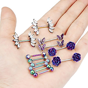 Vsnnsns 14G Nipple Rings for Women Stainless Steel Butterfly Nipple Rings Flower Nipple Piercing Jewelry CZ Nipple Rings Surgical Steel Nipple Jewelry Barbell Body Piercing Jewelry Rainbow