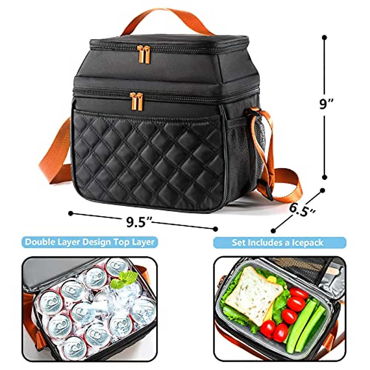 BAGSPRITE Lunch Bag for Women Men, Double Deck Lunch Box with Ice Pack, Insulated Lunch Bag Women for Work, Leakproof Cooler Tote Bags, Thermal Kids Lunch Box for School, Black