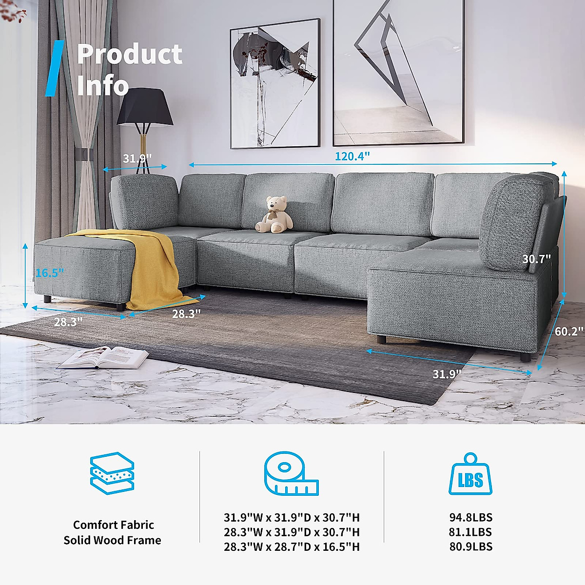 CECER U Shaped Modular Sectional Sofa, Convertible L Shaped Couch Sofa, Queen Sleeper Sofa, Variable Modular Oversized Couches for Living Room, (Light Grey)