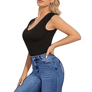 MANGOPOP Double Lined Sleeveless V Neck Tank Tops Fashion Bodysuits for Women