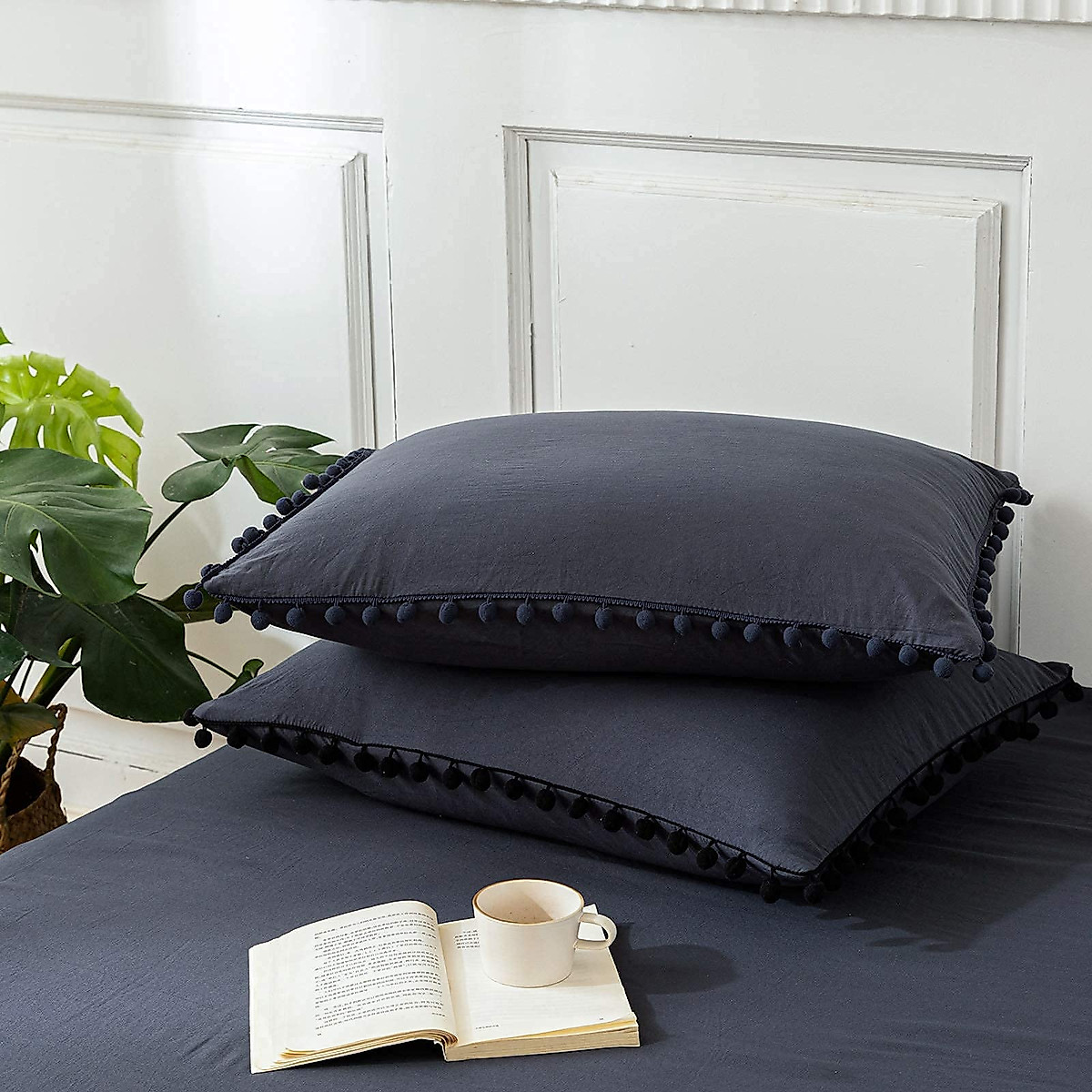 Navy Blue Pom Poms Pillowcases, Dark Blue Standard Queen 20x30 Inches Pillowcases Set of 2, 100% Washed Microfiber, Navy Fringe Pillow Shams, 2 Pack (Standard, Navy Blue)