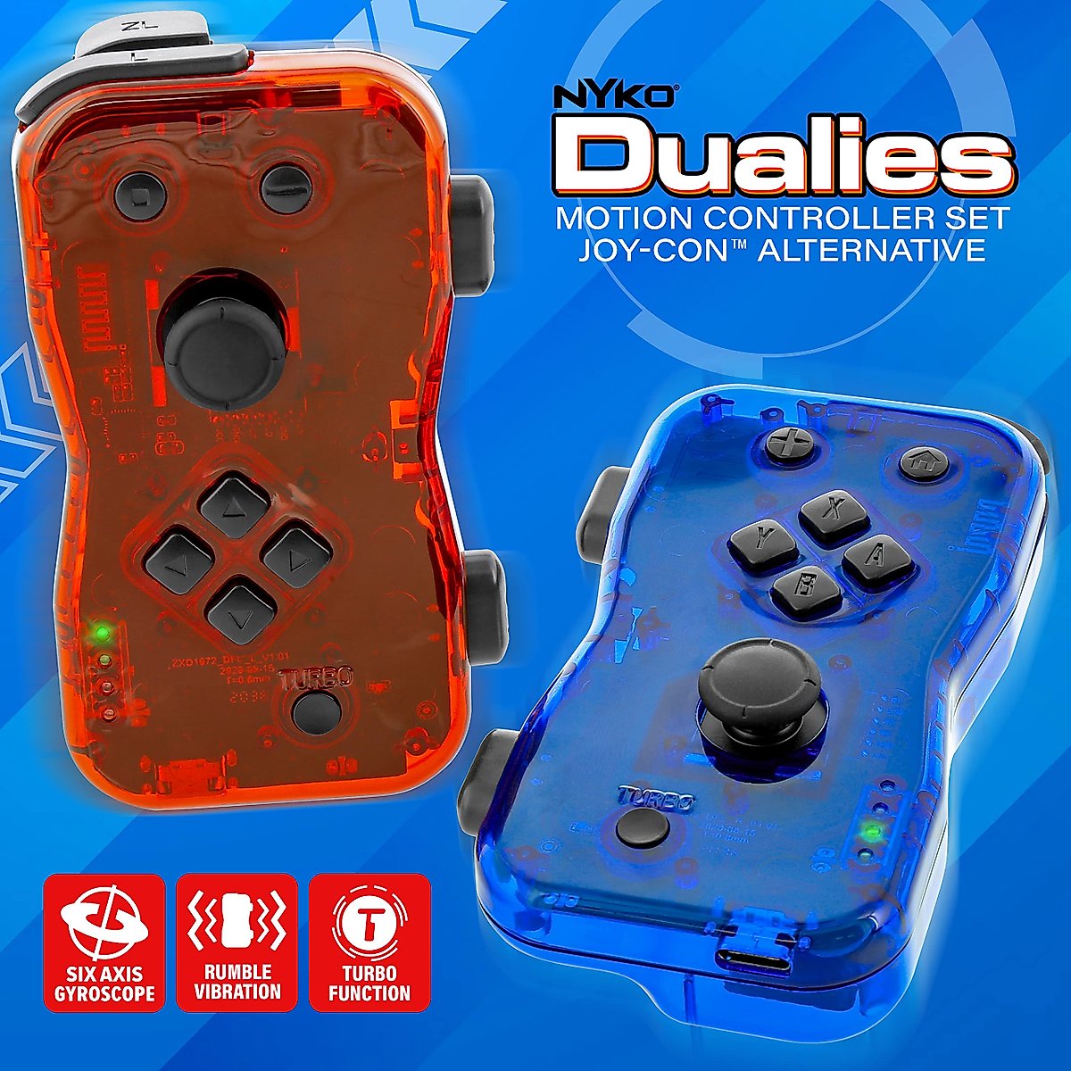 Nyko Dualies Controller Set for Nintendo Switch - Red/Blue: Comfortable, Responsive, and Precise Wireless Gaming with Motion Control, USB C Charge Cable. Joycon Alternative