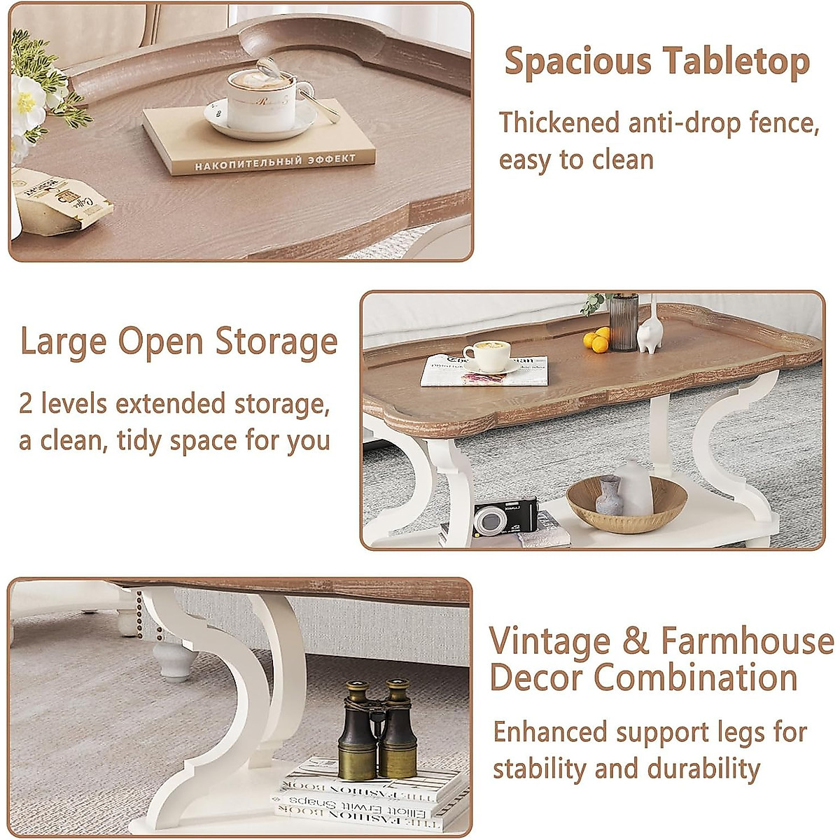 Function Home Farmhouse Coffee Table, Modern Cocktail Table with Storage Shelf, Sofa Table with Natural Tray Top and Carved Legs for Living Room, Bedroom, Dining Room in Vintage White