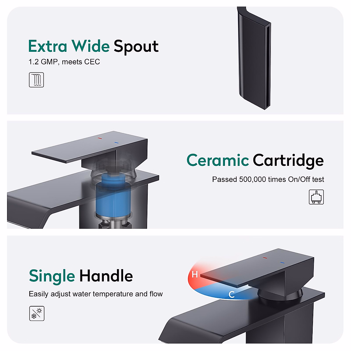 CREA Black Waterfall Bathroom Faucet 1 Hole,Matte Black Bathroom Faucet Single Handle Bathroom Sink Faucet with Pop Up Drain Stopper/ 3 Hole Plate,Stainless Steel RV Vanity Faucet Basin Mixer Tap