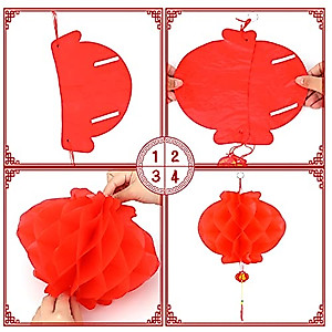 HOWAF Chinese New Year Decoration 2023- Fu Character Garland Red Lantern Garland, Lunar New Year Red Window Stickers, Red Envelope, Lion Hanging Card, New Year Eve Party Decoration Supplies, Pack of 54