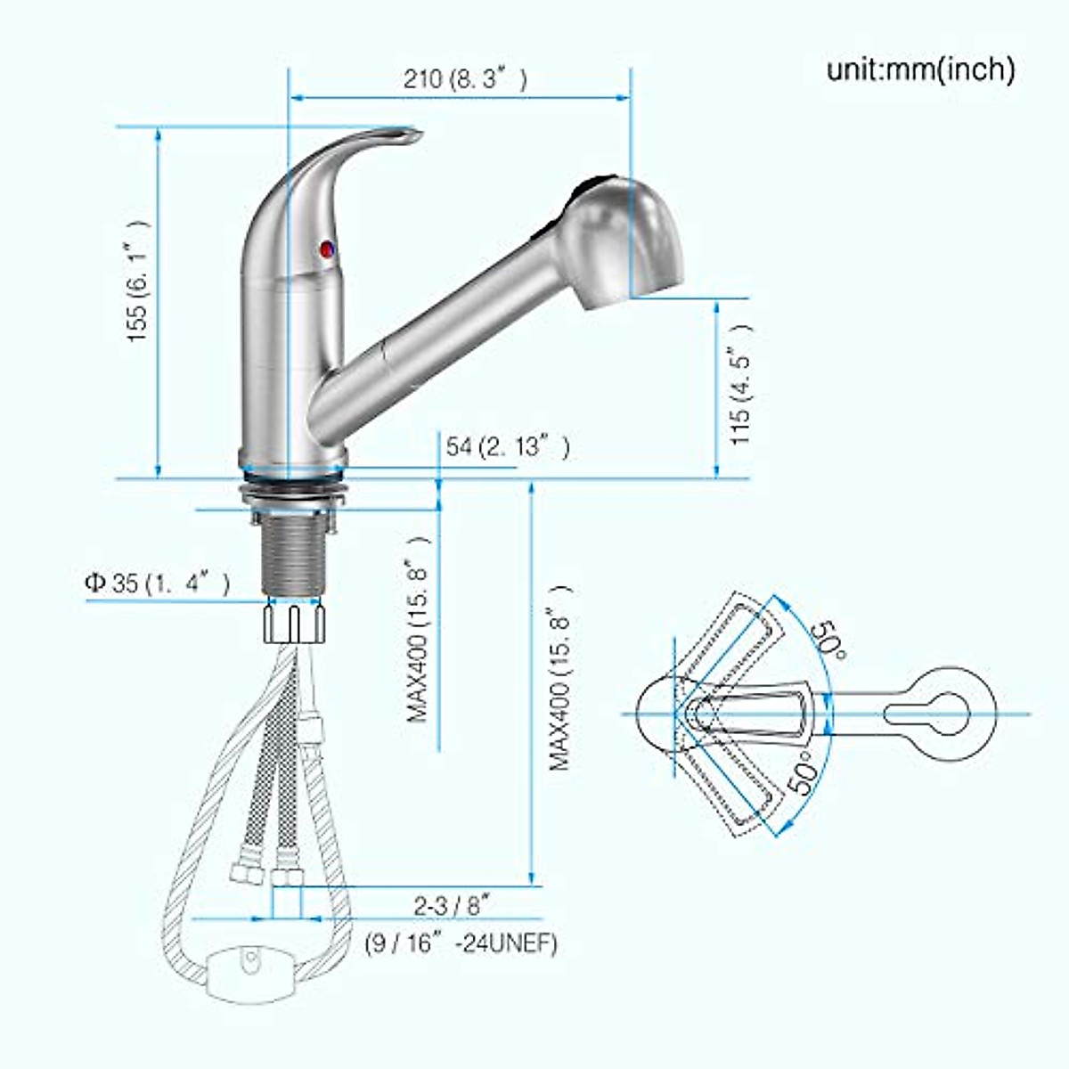LEPO Single Lever Pull Out Kitchen Sink Faucets, Single Handle Low Arch Stainless Steel Brushed Nickel Rv Kitchen Faucet with Pull Down Sprayer, Bar Utility Sink Faucets