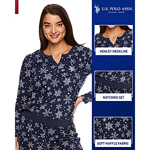 U.S. Polo Assn. Womens Pajama Sets, Snowflake Waffle Knit Pajama Sets for Women 2 Piece, Womens PJs Sets (Dark Navy, Medium)