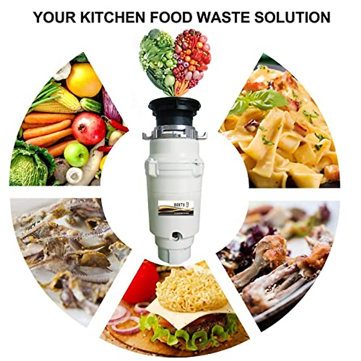 Food Waste Disposer, 1/2 HP 3600RPM Continuous Feed Garbage Disposal, Food Waste Grinding System (White)