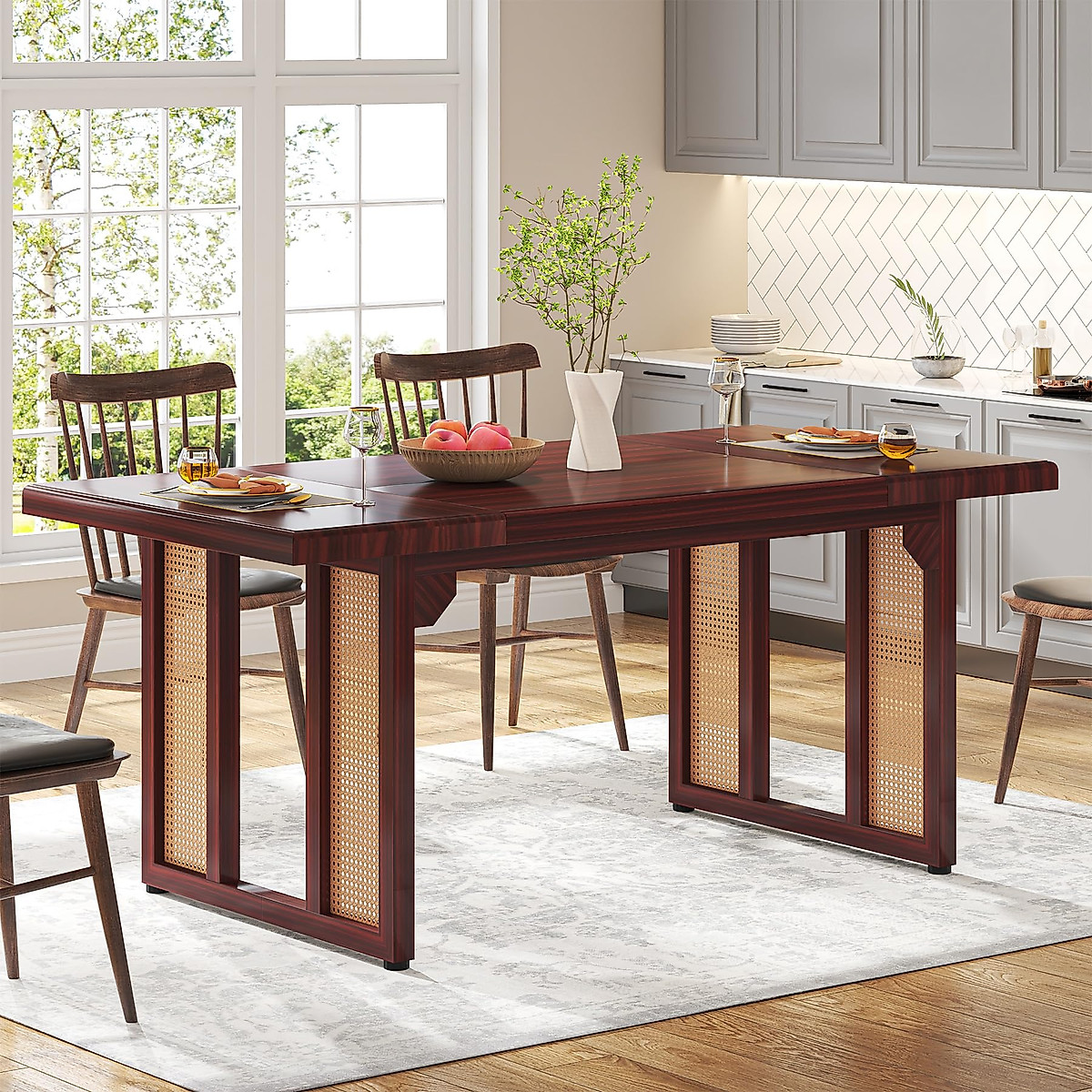 Tribesigns 70.87 Inch Dining Table for 6-8, Rectangular Kitchen Table, Rustic Dining Room Table with Rattan Frame, Large Dinner Table for Dining Room, Kitchen, Deep Walnut