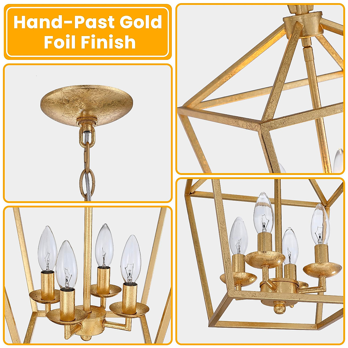 Untrammelife 4-Light Aged Gold Lantern Pendant Light, Adjustable Height Metal Geometric Light Fixture 12’’ Classic Cage Lantern Chandelier for Kitchen Island Hallway, Hand-Pasted Gold Foil Finish