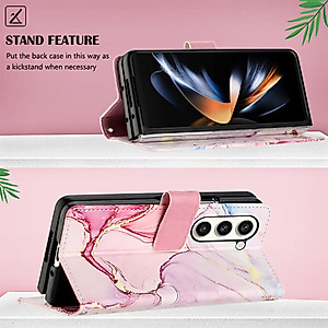 COTDINFOR Case for Samsung Galaxy Z Fold 5 Wallet Case for Women, Galaxy Z Fold 5 Case with Card Holder Luxury Leather with Kickstand Protective Case for Samsung Galaxy Z Fold 5 5G Marble Rose Gold