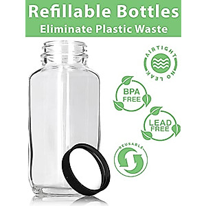 JUVITUS 8 oz Clear Thick Plated Glass French Square Bottle Jar with Lid (2 Pack) Perfect for Home, Travel, Juicing, Kombucha