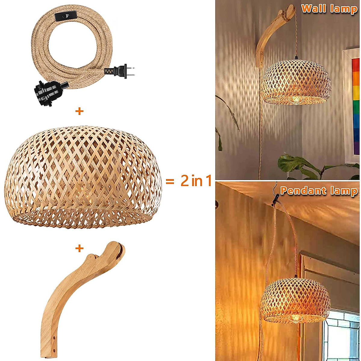 Bamboo Lantern Plug in Wall Sconce Or Hemp Rope Pendant Lamp with LED RGB Bulb, Rattan Wall Lamps, Wood Shelf Brackets, Boho Wicker Hanging Light with 9.8 FT Plug in Cord for Living Room, Bedroom