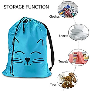 Laundry Bag with Cute Cat Face Pattern, Laundry Bags Extra Large Heavy Duty, Cat Canvas Laundry Bag with Strap, Dirty Laundry Travel Bag, Easy Fit Laundry Hamper or Basket, Cat Lover Gifts for Women…
