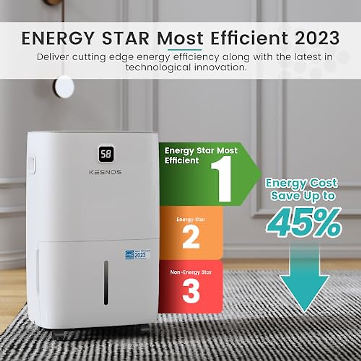 Kesnos 120 Pints Energy Star Dehumidifier for Home & Basement with Drain Hose, Front LED Display and 1.06 Gal Water Tank, Ideal for Spaces up to 6,500 Sq. Ft., Featuring Auto Defrost & Timer