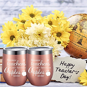 2 Pieces Teacher Can't Survive on Apples Alone, Thank You Teacher Appreciation Gift for Women Funny Birthday Christmas Thanksgiving Teacher Gifts 12 oz Wine Tumbler with Straw and Cleaning Brush