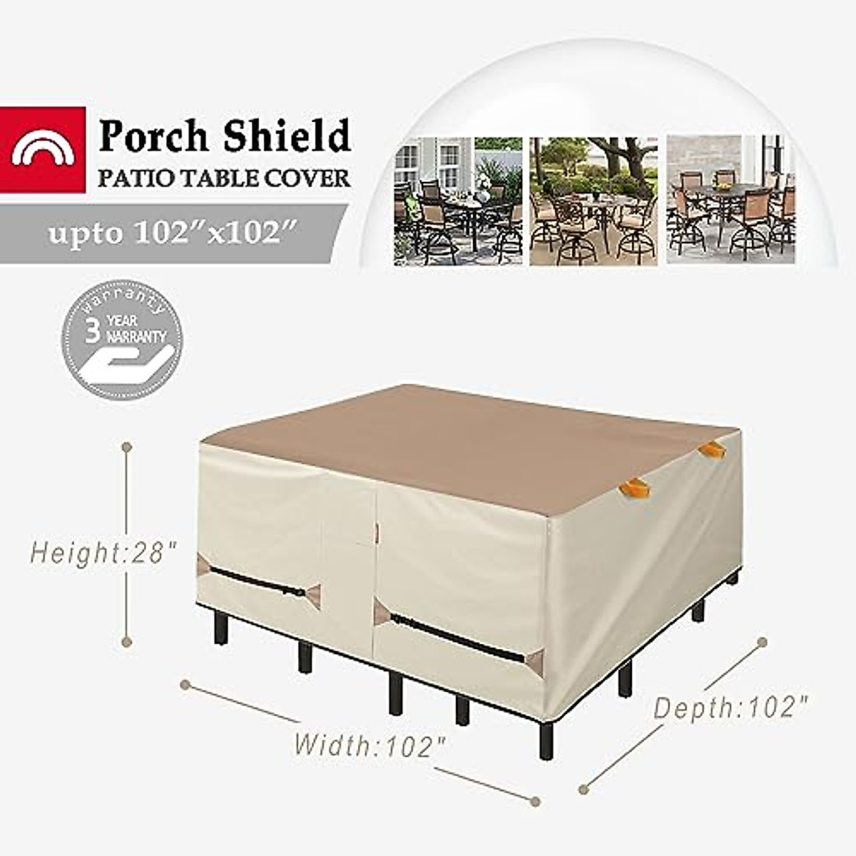 Porch Shield Patio Table Cover - Waterproof Outdoor Dining Table and Chairs Furniture Set Cover Square - 102 x 102 inch, Light Tan & Khaki