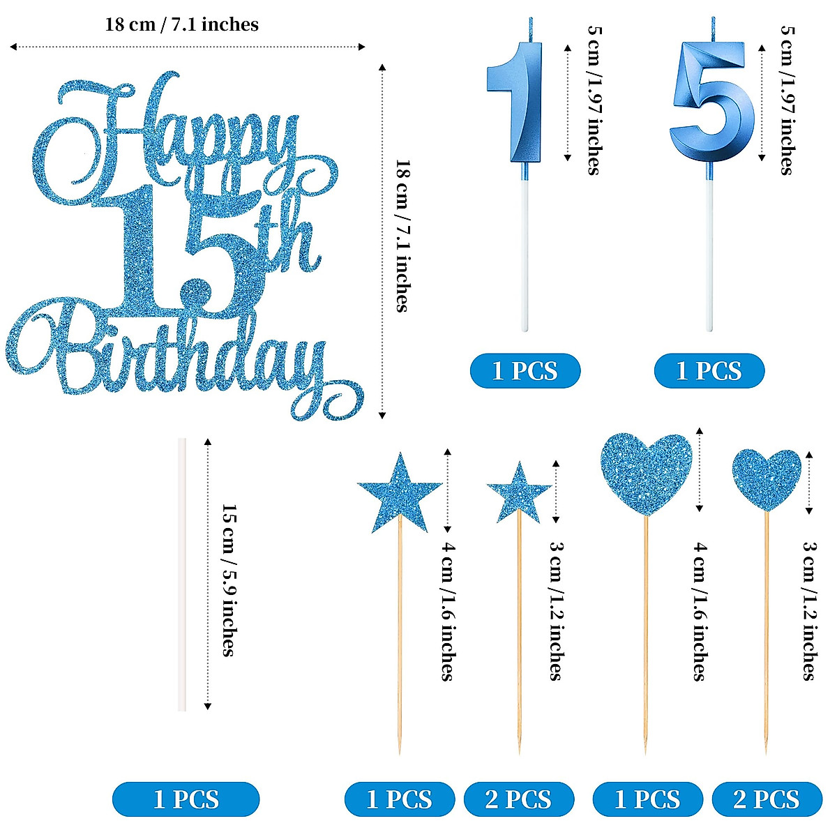 Lecferrarc 15th Birthday Cake Decorations, 15th Birthday Candles Cake Numeral Candles and Glitter Happy 15th Birthday Cake Toppers Set for Birthday Party Supplies (Blue)