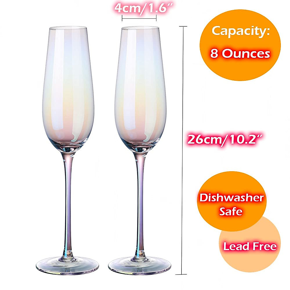 DATANYA Iridescent Champagne Flutes Glass Set of 2 Crystal Luster Hand Blown Lead-Free Stemmed Sparkling Champagne Wine Glasses 8 Ounce, Elegant Gift Box for Christmas, Wedding, Birthday Gifts