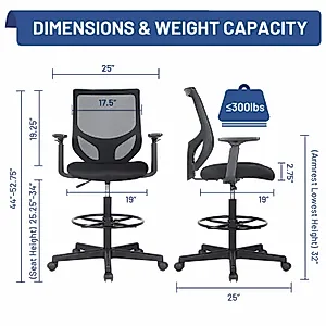 ZUNMOS Tall Office, Drafting High, Ergonomic Mesh Computer Task Table Chairs with Adjustable Armrests and Foot-Ring for Standing Bar Height Desk, Black