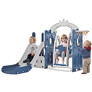 Virubi 5-in-1 Slide with Swing Set, Freestanding Baby Slide Set with Climber, Basketball Hoop and Storage Space, Slide & Swing Playset for Toddlers Age 1+ Outdoor Indoor Playground (Blue & White)