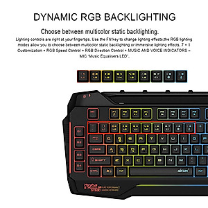 AIKUN Full Size Membrane Gaming Keyboard With 4 Macro Gaming keys,Voice Sensitive Rainbow Backlit,26 Anti-Ghosting Keys,Audio and USB Passthrough,Spill Resistant, Mobile Device Slot,Multimedia Control