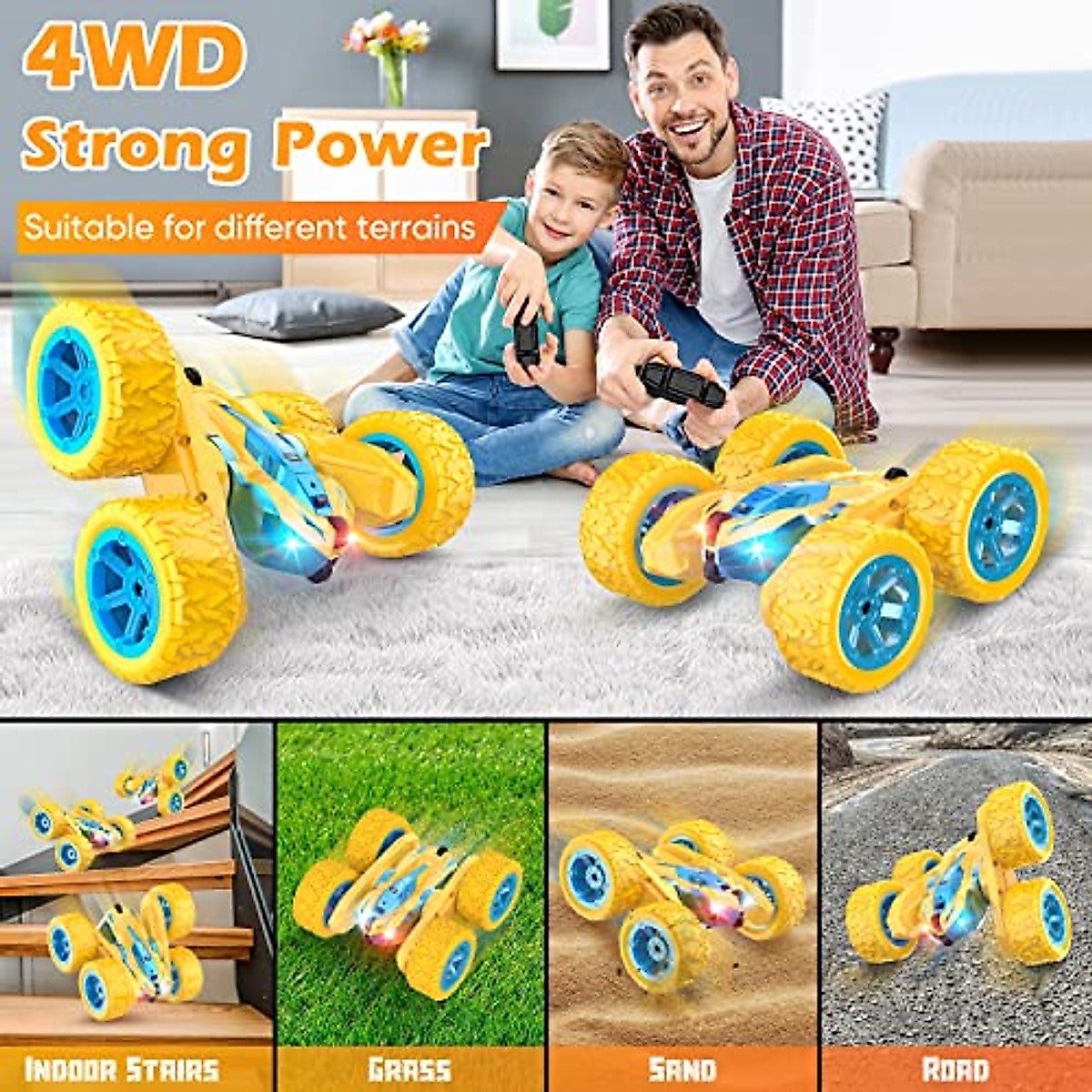 Qumcou Remote Control Car, RC Cars Stunt Car Toys for Kids, 2.4Ghz High Speed Double-Sided 360°Rotating Toy Cars with Cool Headlights, Christmas Birthday Gifts for Boys Girls Age 6-12（Yellow）