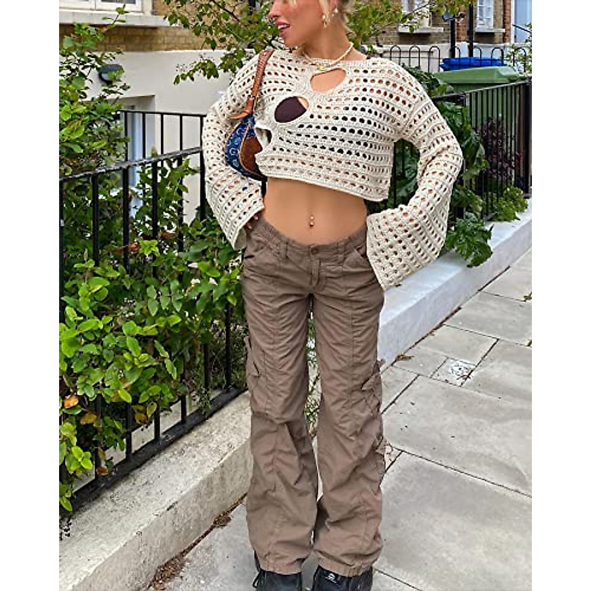 Hollow Out Rainbow Crochet Knit Tops for Women Crop Color Block Long Sleeve Square Neck Sweaters Tops (A-Beige, S)