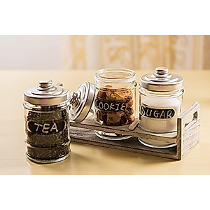 15.5 oz Set of 3 Condiment Pots Food/Seasoning/Spice Storage/Jar/Containers with Label and Aluminum Lid with Wooden Rack/Shelf/Tray/Holder for Kitchen or Coffee Bar, Suitable for Storing Salt, Sugar, Tea etc