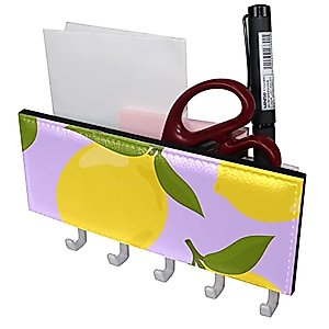 Colorful Hand Drawn Lemon Pattern Mail Holder Organizer and Key Hooks PU Front, Self Adhesive Key Rack with 5 Hooks Perfect for Entryway, Hallway，Bathroom ，Kitchen