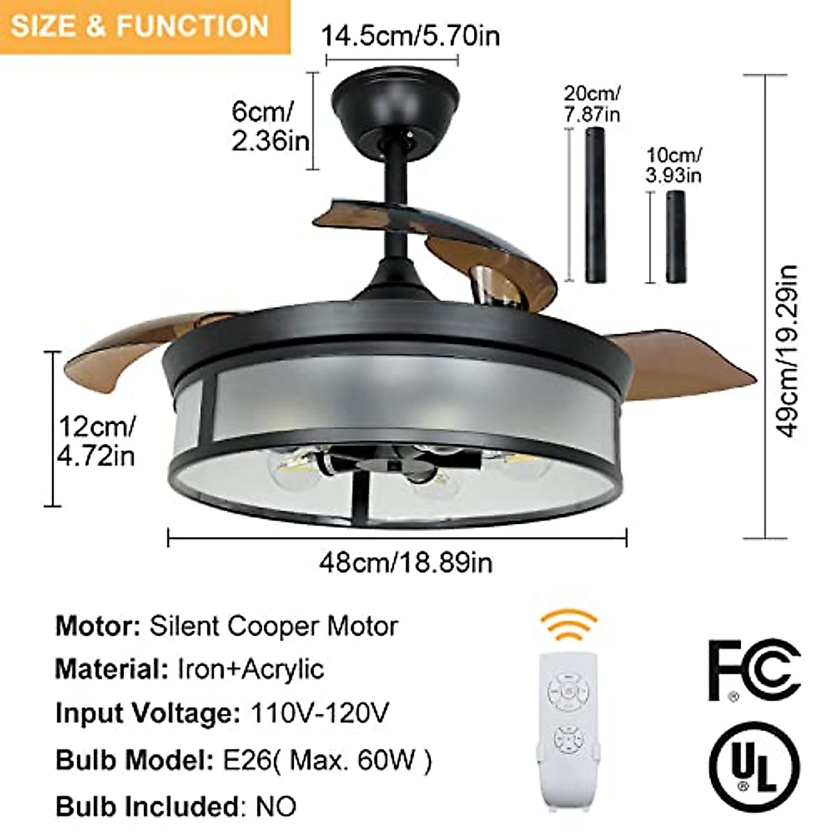 Depuley Industrial Ceiling Fan with Light, 42" Ceiling Fan with Retractable Blades, Vintage Acrylic Chandelier Fan Light Fixtures with Remote for Living Room, Kitchen, Bedroom, 5 E26 Base(No Bulb)