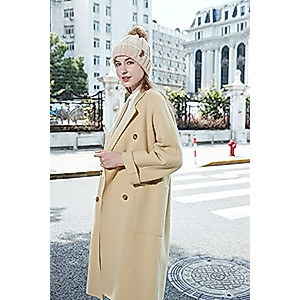 SAMZX Womens Winter Hat Thick Cable Knit Warm Beanie for Women with Faux Fur Pom Pom Hat Beige