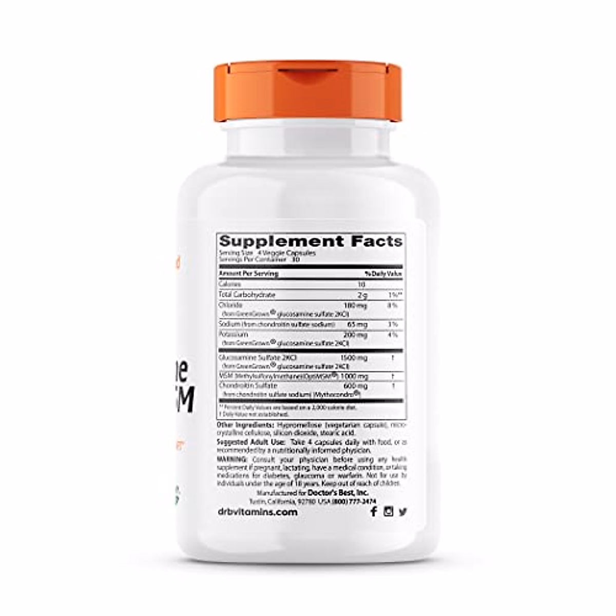 Doctor's Best Vegan Glucosamine Chondroitin MSM, Joint Health, Hair, Skin & Nails