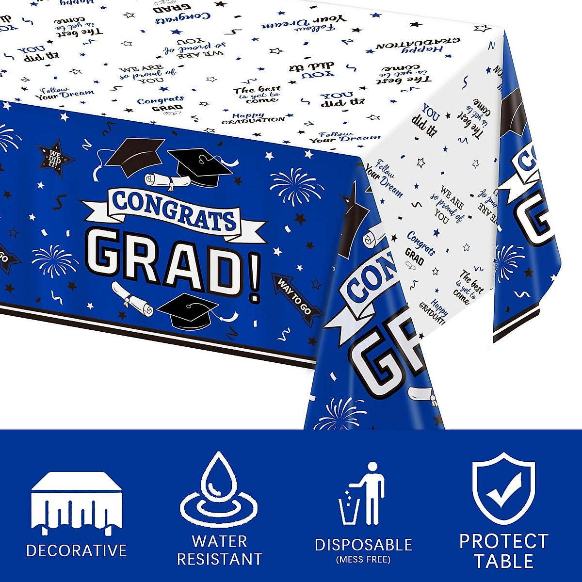 Oigco Tablecloth, 3 Pack Blue Rectangular Graduation Party Table Cloths, 54'' x 108'', Class of 2024 PE Plastic, Lightweight, Pleated Corners, All-Season