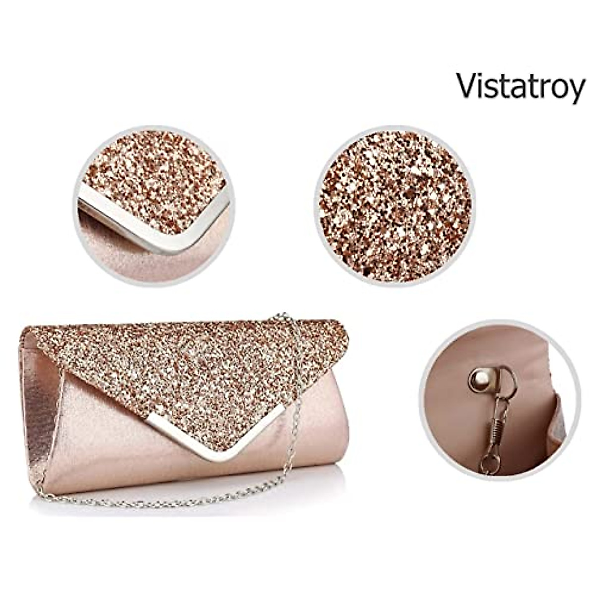 Vistatroy Women Glitter Sequins Envelope Evening Bag Handbag Party Bridal Clutch Purse (Rose Gold)