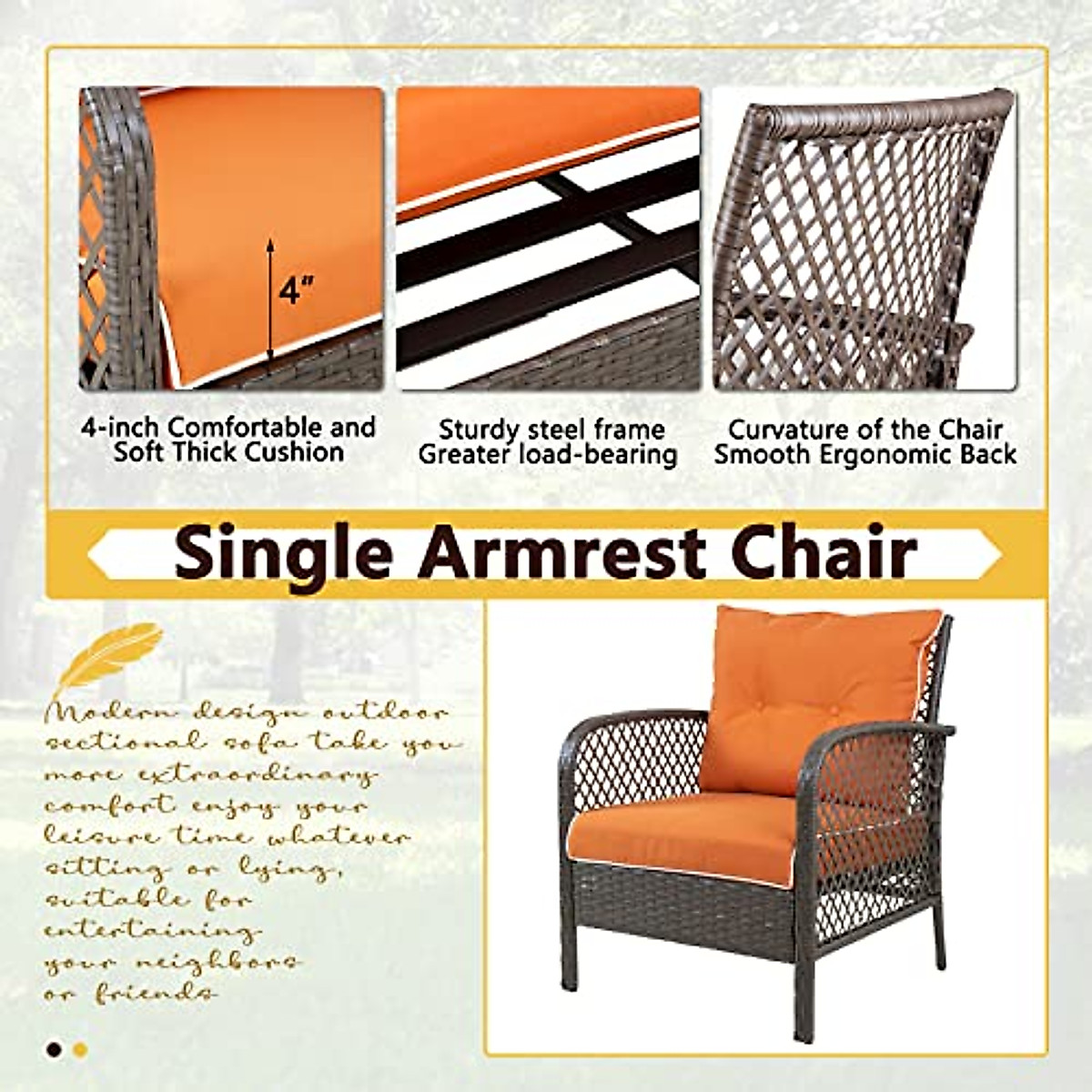 PHIKOOVA 6-Piece Wicker Patio Conversation Furniture Sets w/ 4 Pillows, Orange Outdoor Patio Furniture Set w/Table, All Weather PE Rattan Porch Outdoor Chairs, Brown Wicker/Orange Cushions