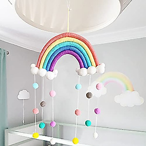 Rainbow Hanging Decoration, Macrame Tapestry Wall Hanging with Felt Ball, Handmade Braided Cords Pom-Pom,Mobile,Children’s Room Bedroom Nursery Decor-Red