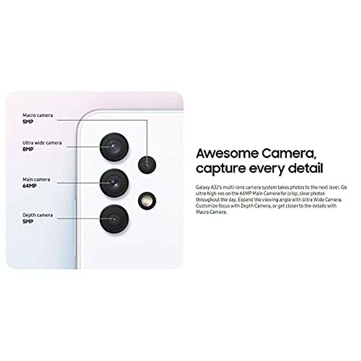 Samsung Galaxy A32 5G (64GB, 4GB) 6.5" 90Hz Display, 48MP Quad Camera, All Day Battery, GSM (Only for T-Mobile, Sprint, Ultra) 4G LTE A326U (Awesome Black) Renewed