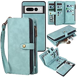 TwoHead for Google Pixel 7 Pro Wallet Case with Card Holder & Detachable Magnetic Phone Case,PU Leather Shockproof Protective Case with Wrist Strap(Blue)
