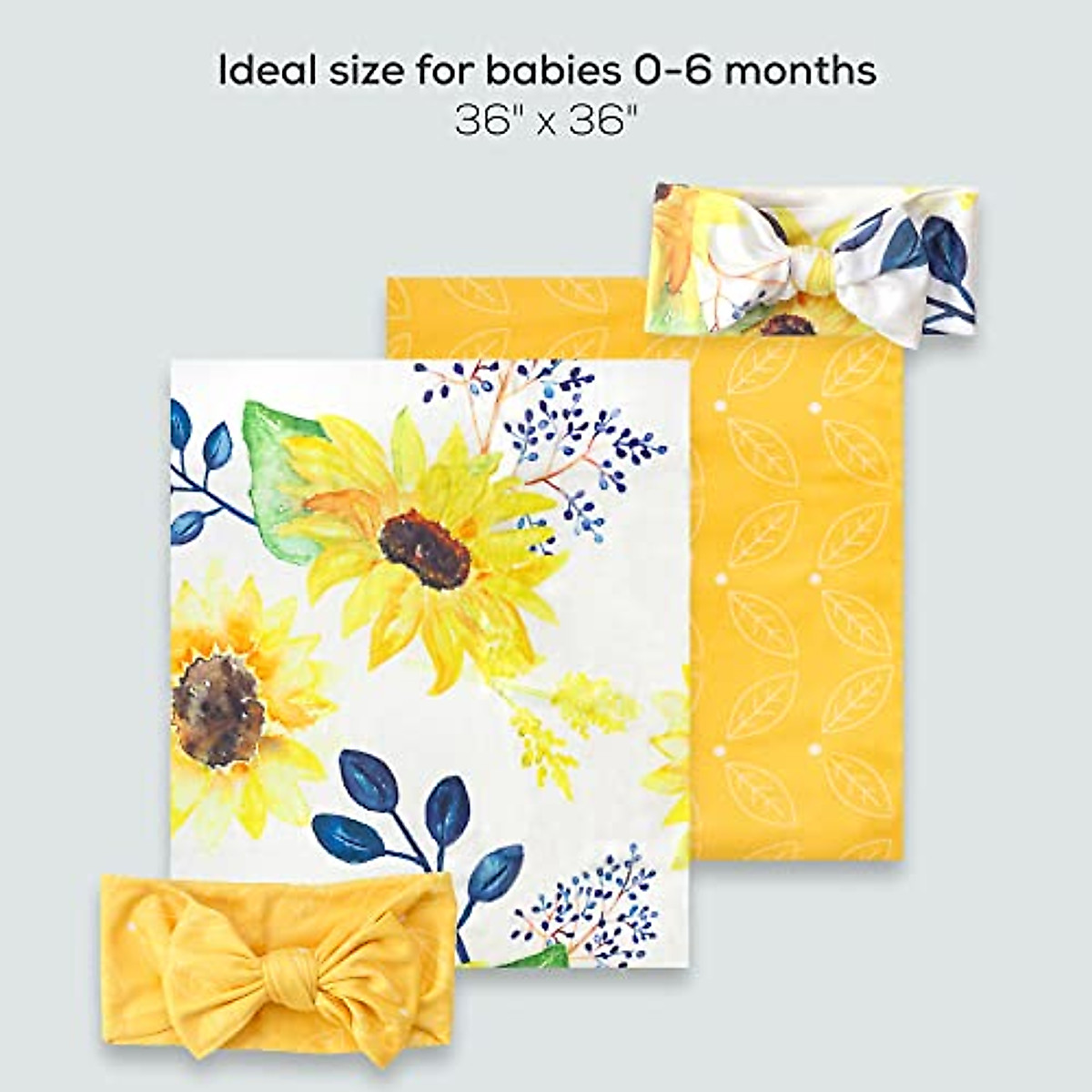 First Landings Newborn Swaddle Set - Matching Headband and Baby Blanket (Set of 2 Each) 36" x 36" Receiving Baby Blanket Boy and Girl - For Newborn Photography, Nursing Covers, Burp Cloths (Sunflower)