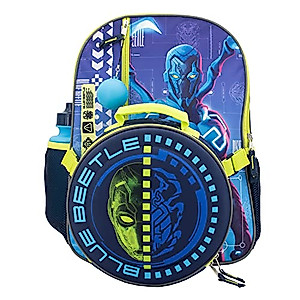 AI ACCESSORY INNOVATIONS Blue Beetle 4 Piece Backpack Set, Kids Super Hero 16" School Bag with Front Zip Pocket, Blue