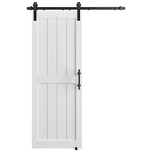 ALAMEDADT 30''x84'' Sliding Barn Door with 5 Ft Barn Door Hardware Kit& Handle& Floor Guides,Pre-Drilled Holes Easy Assembly - Include Installation Manual, Water-Proof PVC Surface, H-Frame, White